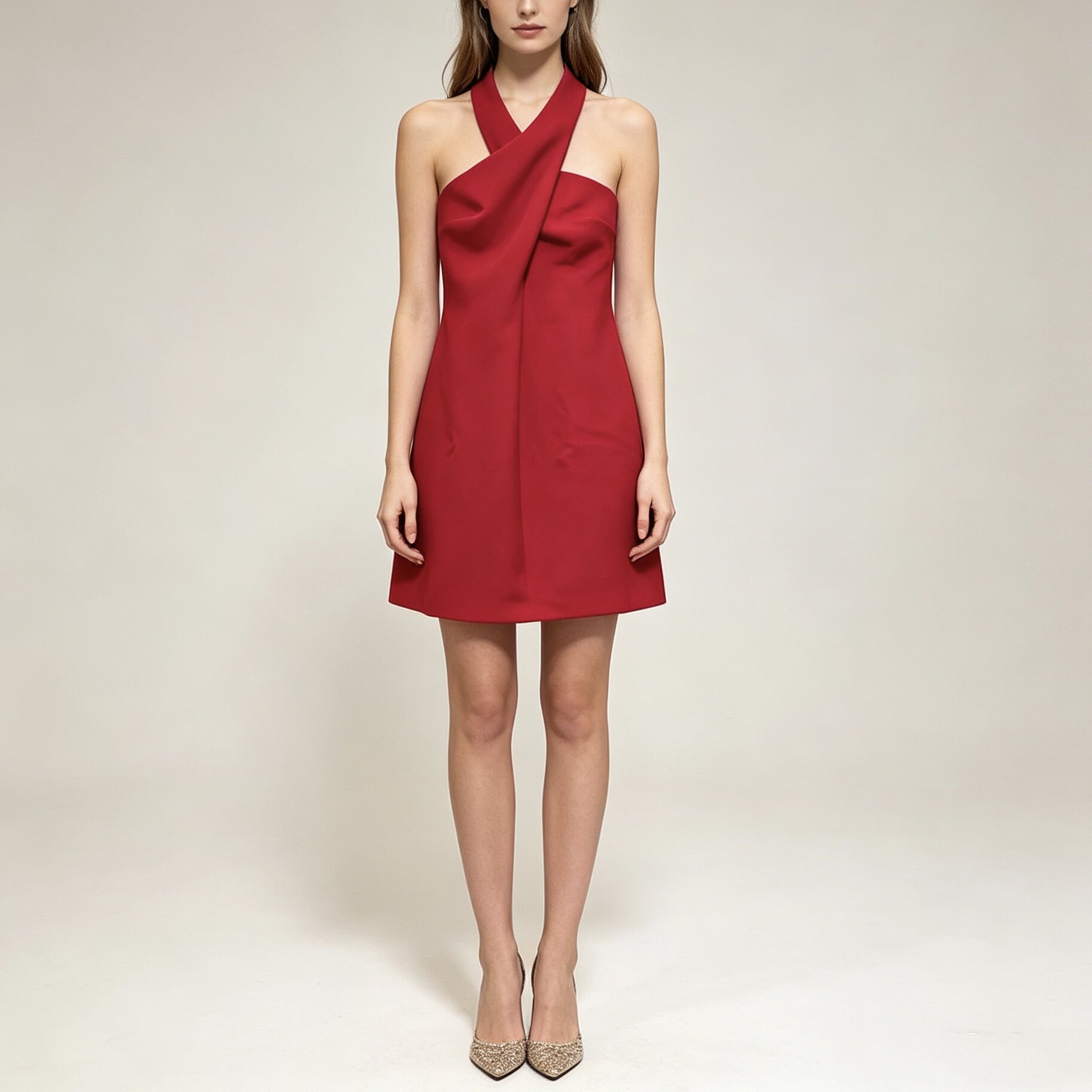 XS-S M-L穿 HALSTON 漂亮深红色时装连衣裙 810