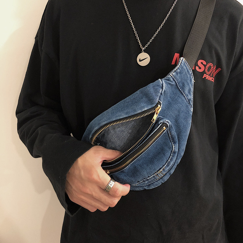 ins男潮流街头滑板后背骑行牛仔小包港风斜挎包手机胸包复古腰包