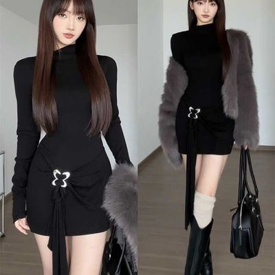 下周六女秋冬内搭短裙御姐辣妹长袖收腰裙子半高领黑色包臀连衣裙