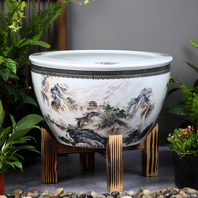 景德镇陶瓷鱼缸可配实木座古法观背养鱼盆睡莲庭院荷花专用大水缸
