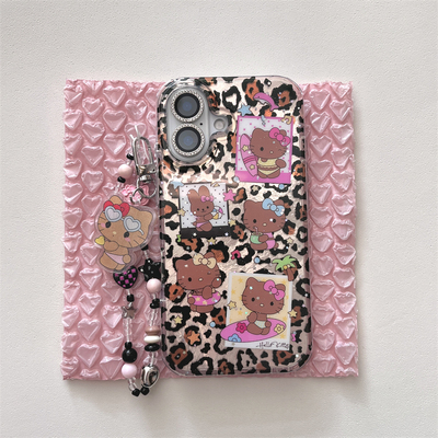 ins风甜酷辣妹豹纹比基尼黑皮kt猫可爱15苹果适用手机壳iphone16promax新款17p双层14链条全包防摔保护套软壳