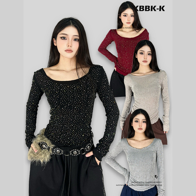 布韩烫钻爵士舞修身长袖女T恤