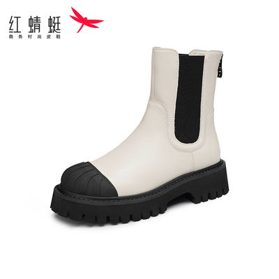 红蜻蜓厚底粗跟及踝切尔西靴