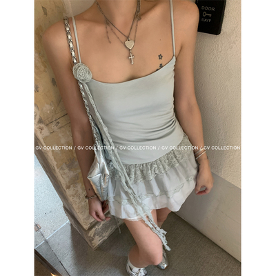 GV大白哥 BabyBlue 顽皮蕾丝花朵蛋糕吊带上衣褶皱拼接无袖背心女