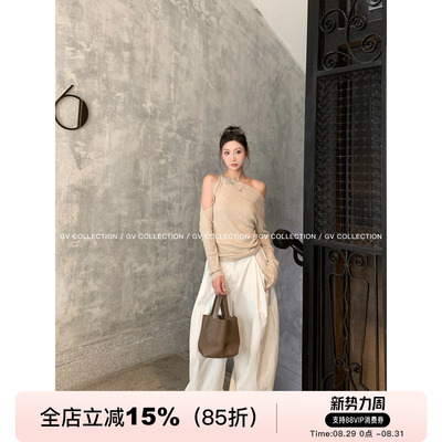 设计感露肩羊毛针织上衣
