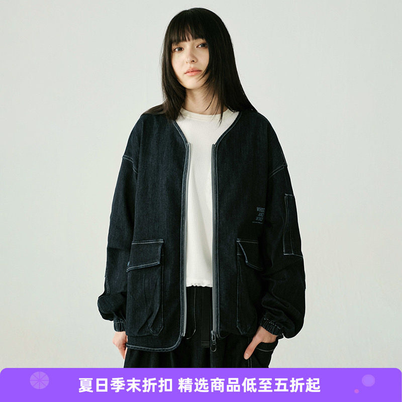 WHEELS and WIND 男女中性款水洗牛仔机能性耐磨宽松无领夹克外套