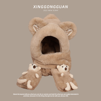 1件顶3件~可爱抱抱熊帽子围巾