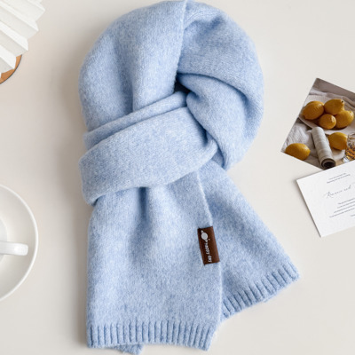 含羊毛蓝色针织毛线围巾秋冬韩系高级感百搭保暖防寒护颈围脖学生