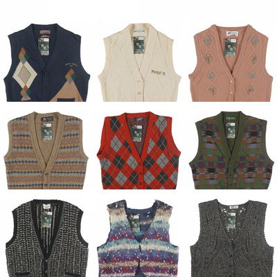 古着vintage复古孤品日本宽松波普图案羊毛针织马甲背心男女秋冬2