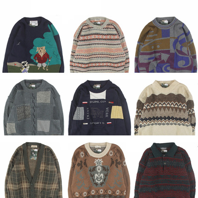 古着vintage复古日系宽松刺绣几何撞色波普图案纯羊毛衣男女秋冬0