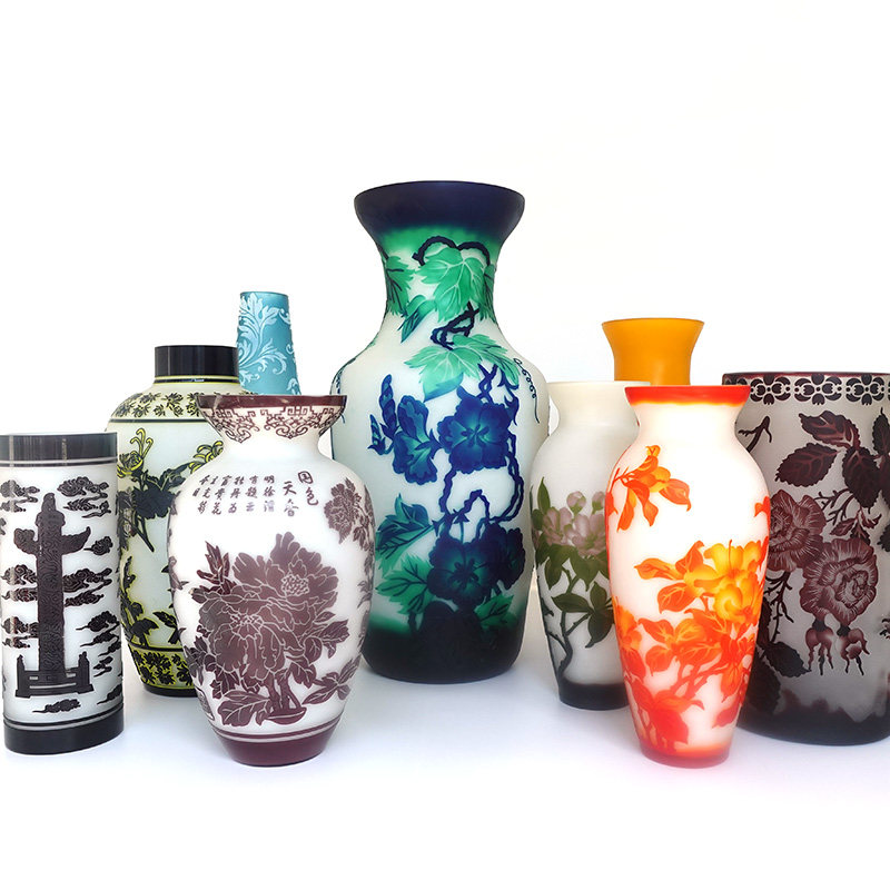 高端葛蕾雕花彩色浮雕琉璃花瓶孤品家居台面落地轻奢艺术装饰摆件