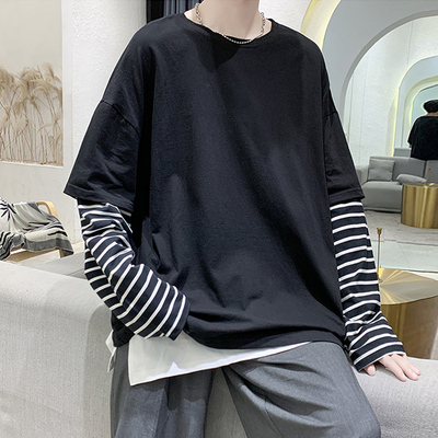 帅气男生条纹拼接长袖t恤