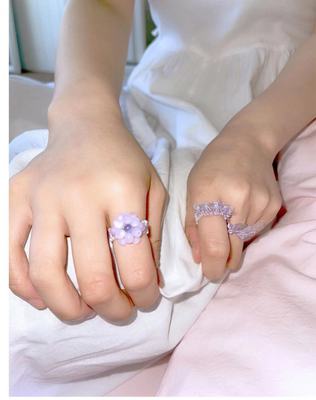 设计师紫荆花磨砂串珠戒指耳钉