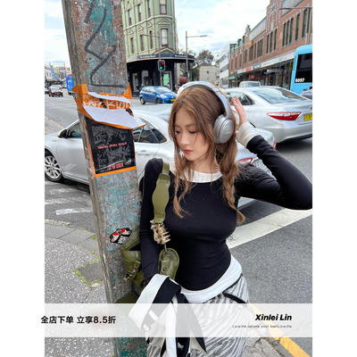 XinleiLin假两件打底长袖T恤