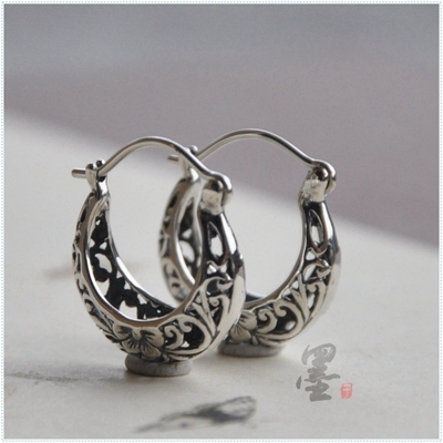 墨家银匠手工立体镂空雕花小耳环