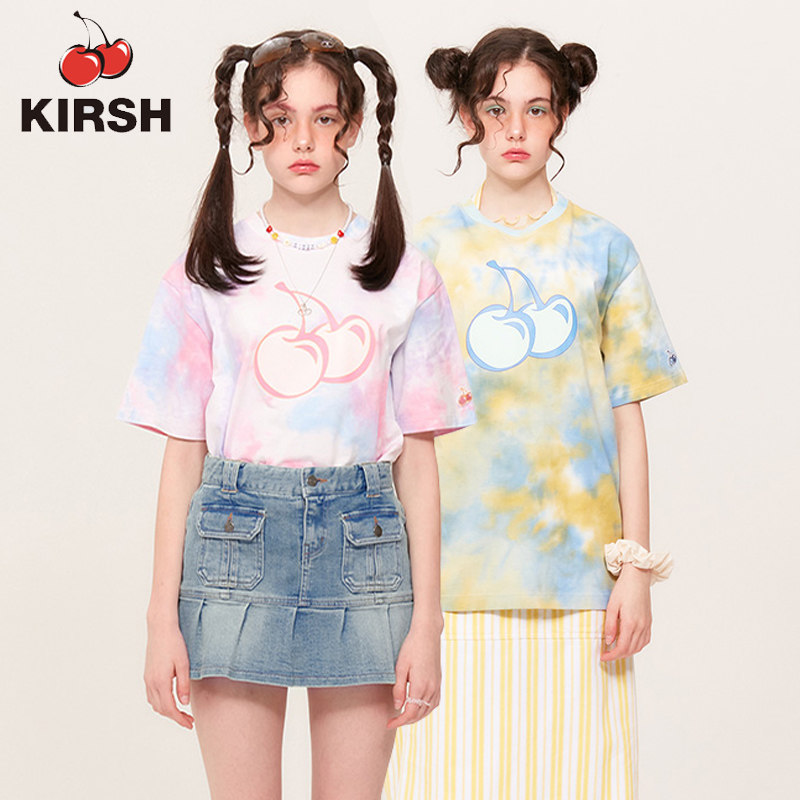 韩国代购kirsh樱桃短袖T恤女夏季新款晕染渐变印花圆领宽松上衣潮