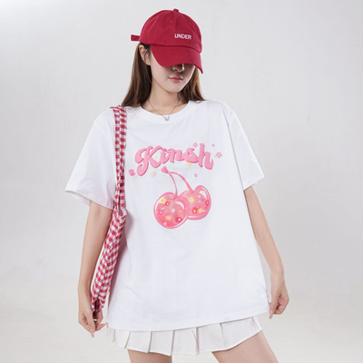 韩国代购樱桃印花圆领T恤