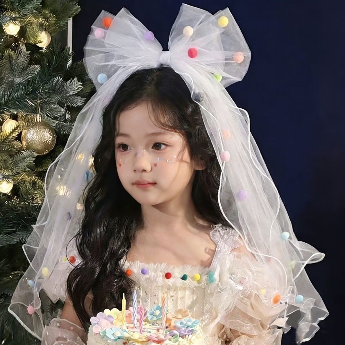 六一儿童节多巴胺彩色毛球球头纱女童蝴蝶结头饰拍照可爱双层卷边