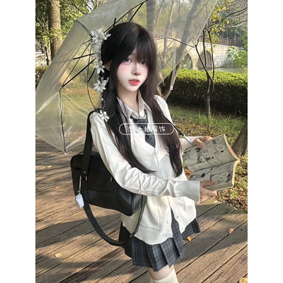原创日系JK制服针织衫慵懒风白开衫长袖毛衣外套海苔jk格裙套装秋