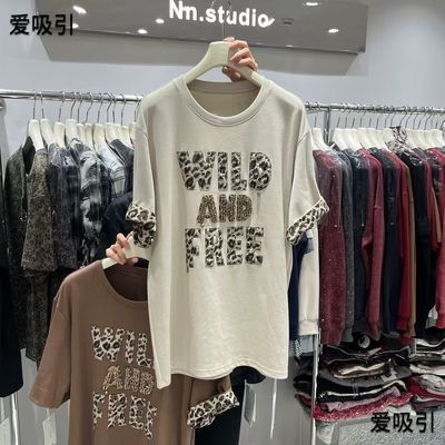 韩版圆领豹纹字母短袖T恤大衫