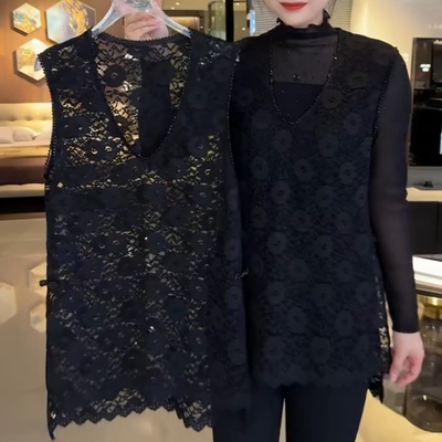 V领蕾丝钉珠砍袖背心裙中长马甲