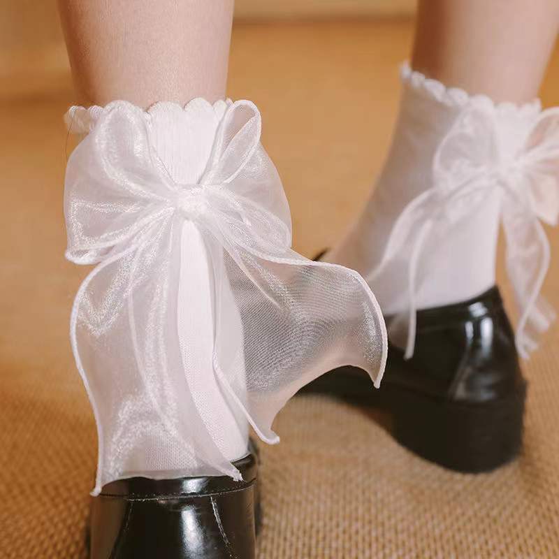 lolita洛丽塔大蝴蝶结棉袜子女百搭日系可爱纯色短袜中筒袜春秋季