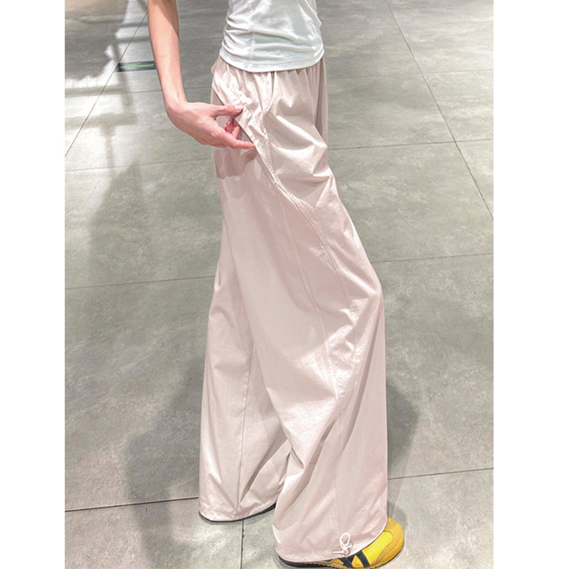 粉色美式速干运动抽绳裤女2026夏新款简约高腰宽松酷飒风阔腿裤