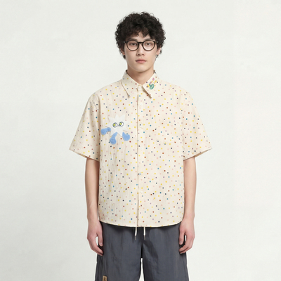 开始想念波点刺绣宽松短袖衬衫