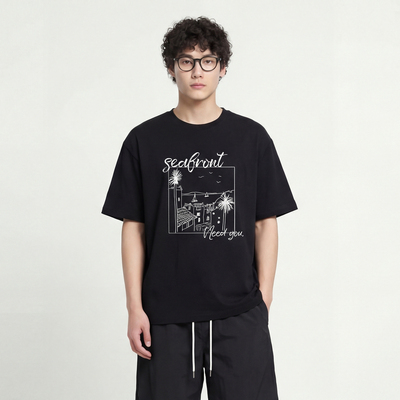 手绘海滨风景宽松设计感短袖T恤