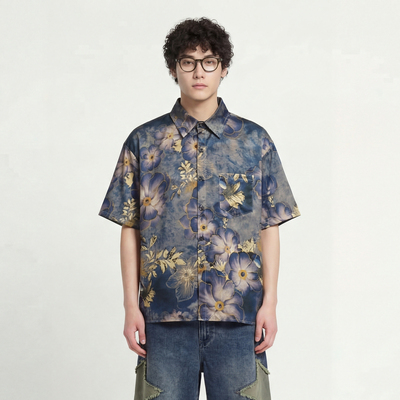 陪你等花开花卉满印短袖衬衫