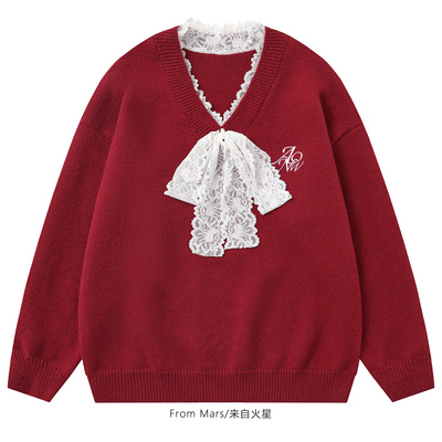 喜乐常伴蝴蝶结宽松V领毛衣上衣