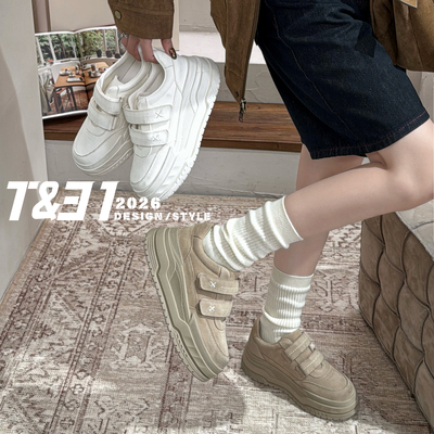 T31女鞋2026秋季新款厚底魔术贴小白鞋女增高休闲板鞋擦色运动鞋
