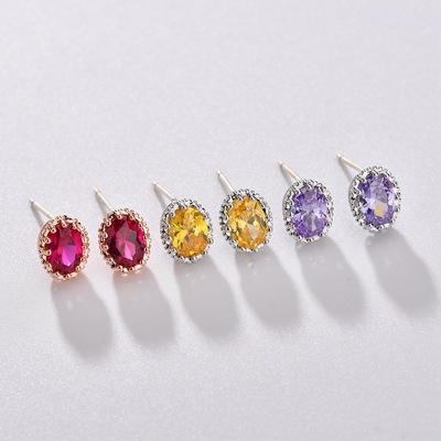 庆兴 S925纯银针优质锆石合成红宝石简约耳钉女生耳饰小清新耳钉