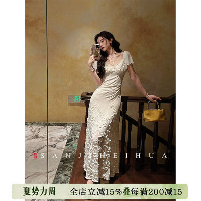 【呼呼专享】三吉黑花【清微】新中式盘带绣连衣裙子女礼服长裙潮