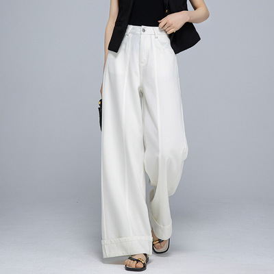 eworld25夏时尚翻边阔腿直筒裤