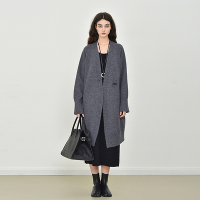 JWSZ 慵懒松弛 极简一粒扣宽松廓形道袍中长款针织开衫毛衣外套