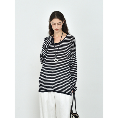 JWSZ「法式海岛衫」亚麻天丝混纺U领细条纹针织罩衫防晒长袖T恤女