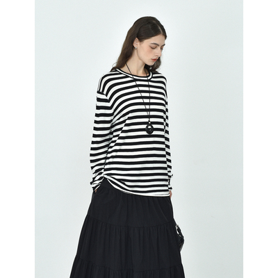 JWSZ 经典条纹 莱赛尔羊毛桑蚕丝撞色条纹圆领针织上衣宽松T