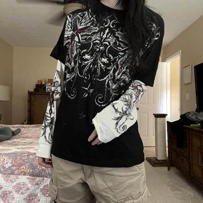 Gothic Tops Women Vintage Graphic Print Patchwork Long T Shi