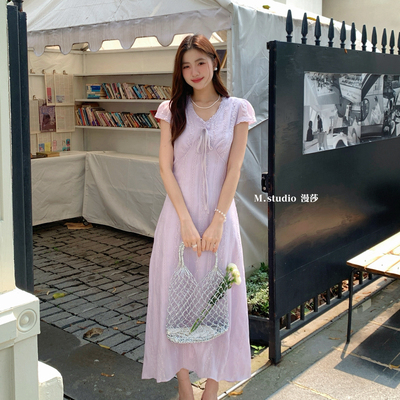 MSTUDIO漫莎-爱丽丝仙境气质优雅蕾丝边V领收腰连衣裙7020