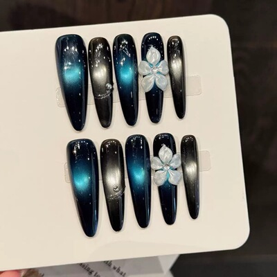 Teal Ombre Floral Rhinestone Press On Nails