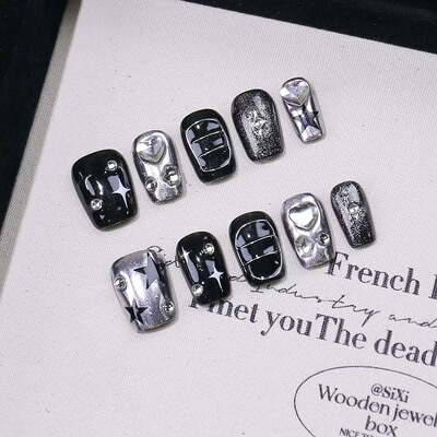 Star Heart Black Silver Square Press On Nails
