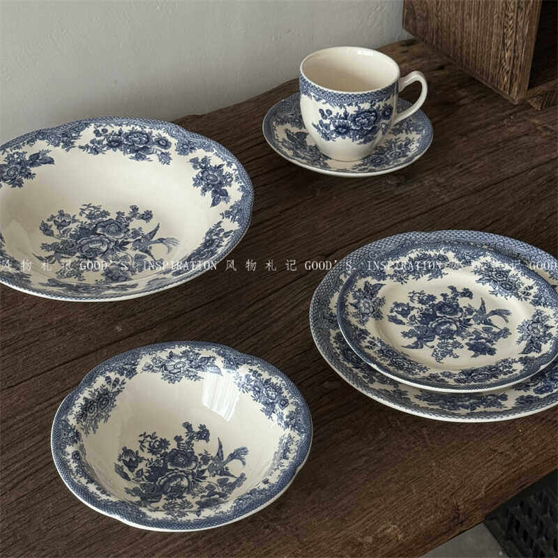 出口英国原单 釉下彩蓝色花鸟系列餐具家用摆盘碗咖啡杯碟中古