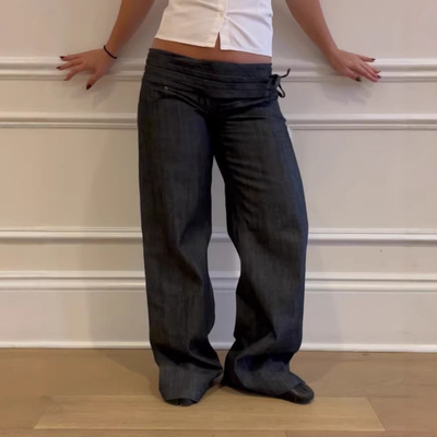 欧美跨境新款纯色抽绳褶皱设计感休闲裤女宽松百搭拖地长裤子ins
