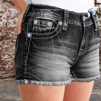 亚马逊独立站欧美女士弹力牛仔裤破洞水洗牛仔短裤女潮流热款