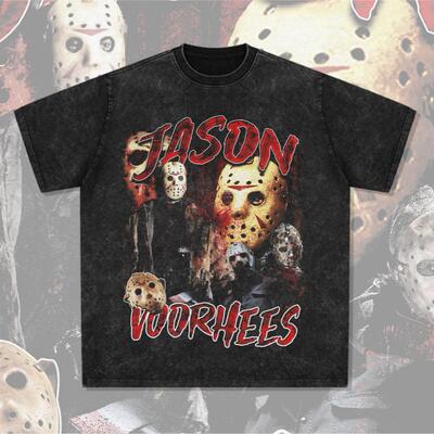 Vintage复古Jason Voorhees印花短袖T恤水洗重磅小领口潮