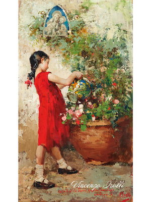 女孩浇花意大利人物油画装饰画芯