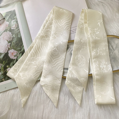 真丝素绉缎夏季细长围巾领巾飘带 双层 桑蚕丝带米白提花复古潮