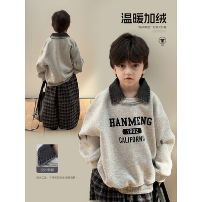 2025新款秋装男女童休闲加厚上衣潮头儿童牛仔领假两件加绒卫衣潮