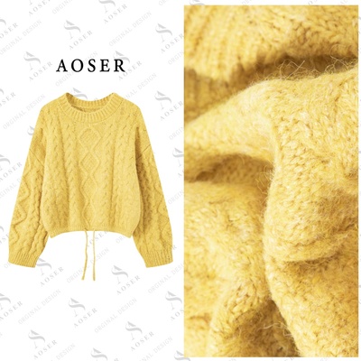 AOSER冬季厚款抽绳慵懒风显瘦百搭宽松短款毛针织衫女装110181